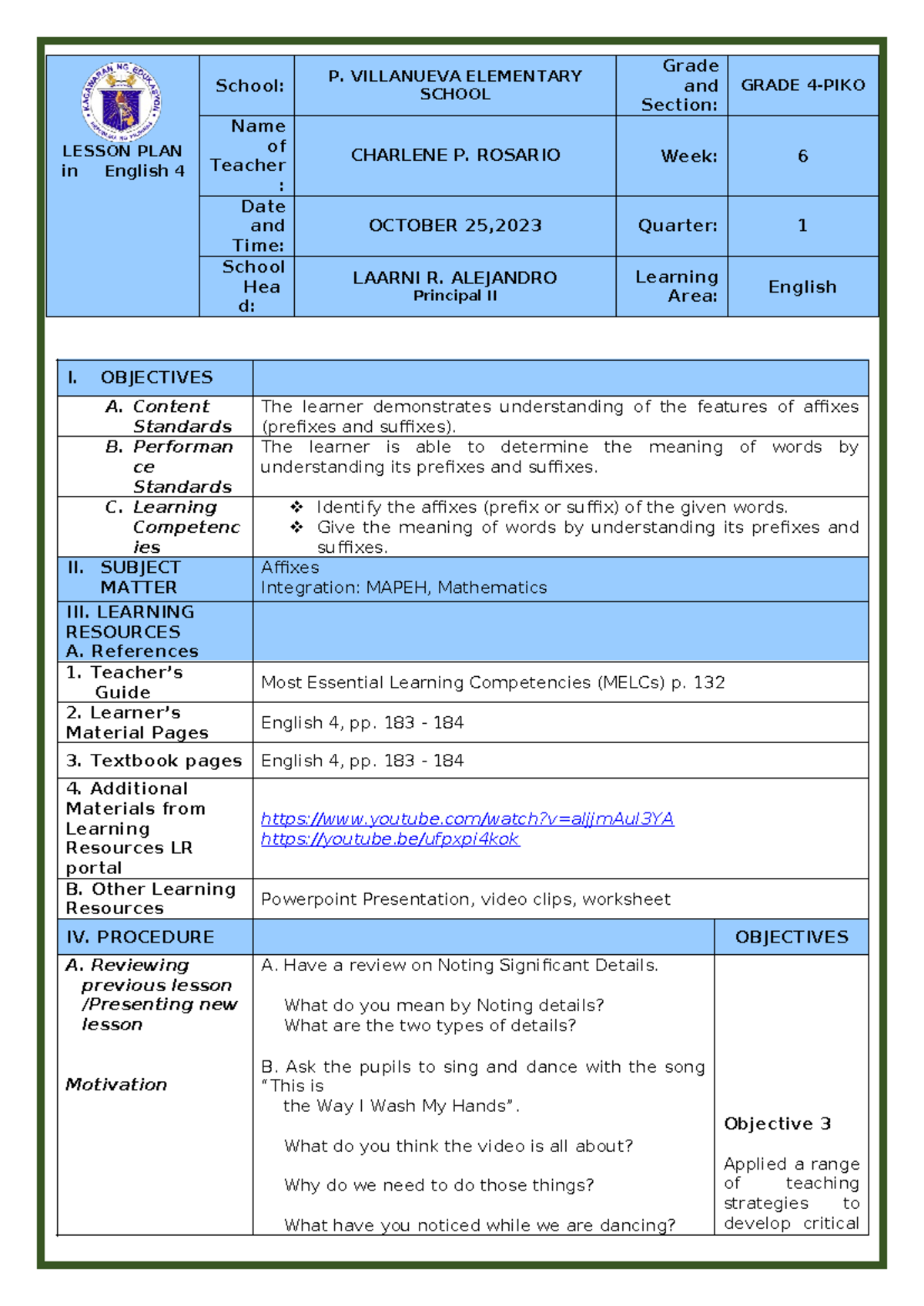 CO1-English 4-Affixes - LESSON PLAN in English 4 School: P. VILLANUEVA ...