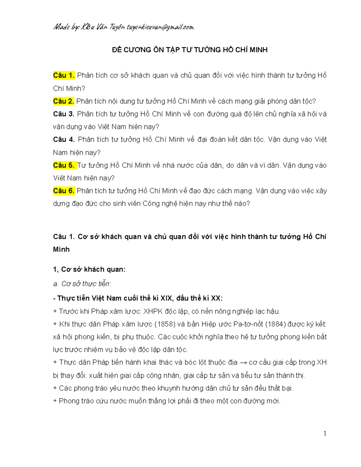 Tư tưởng HCM - câu hỏi ôn tập (by KVT) - ĐÀ C ̄¡NG ÔN T¾P T ̄ T ̄àNG Hà CHÍ MINH Câu 1. Phân ...