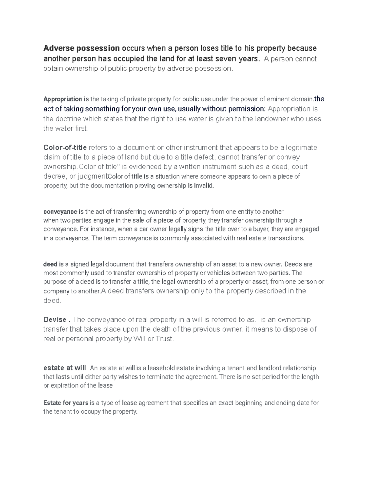 QUIZ 1 - assignments semester - Adverse possession occurs when a person ...