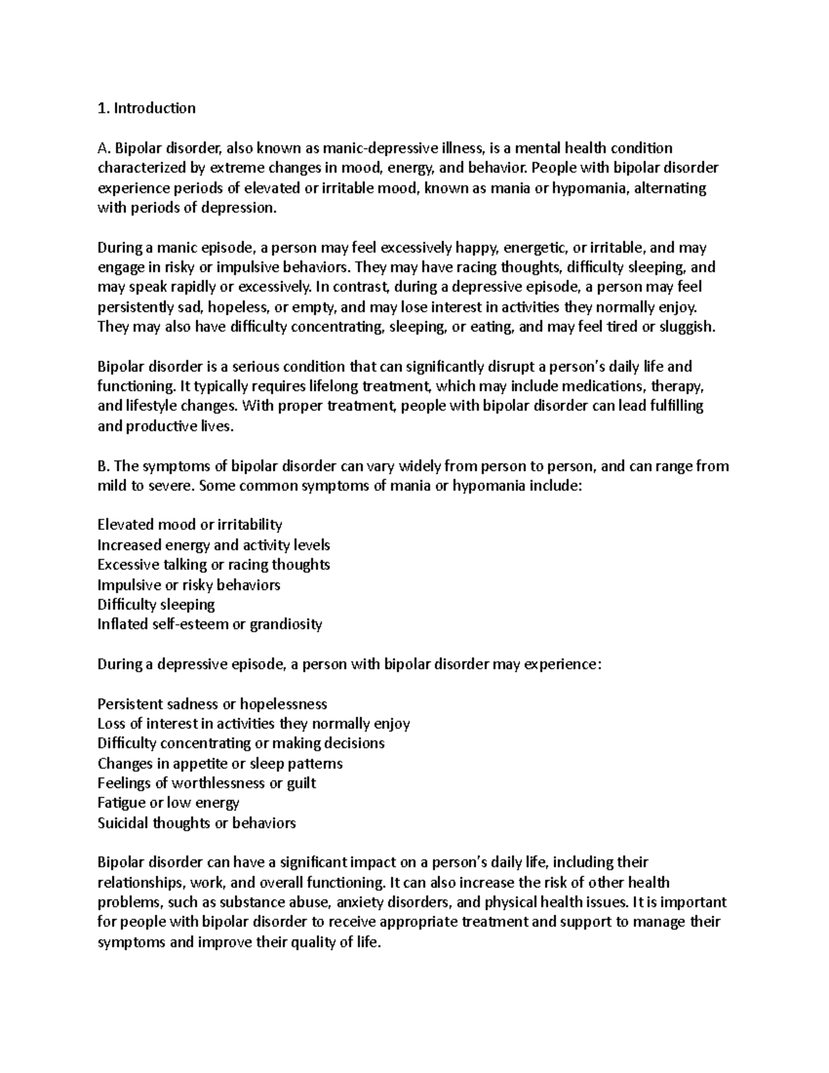 Bipolar disorder - Introduction A. Bipolar disorder, also known as ...