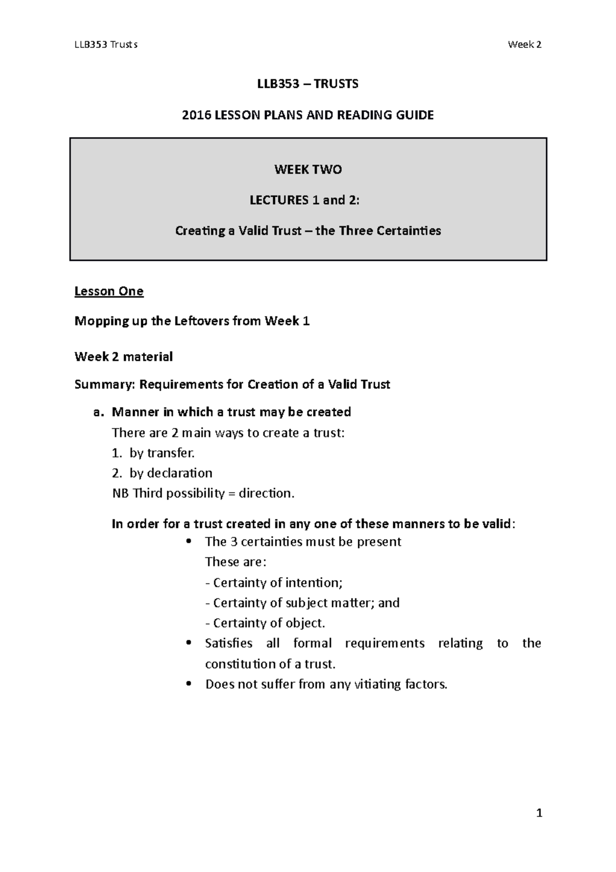 Lesson Plan Week 2 - Murdoch University LLB Trusts Robyn Honey - Trusts ...