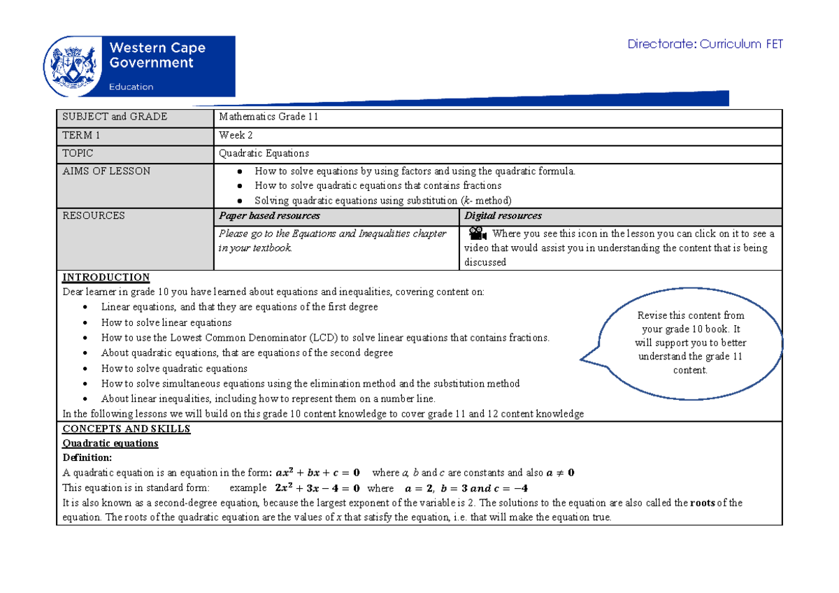 Mathematics Grade 11 Term 1 Week 2 2021 - Directorate: Curriculum FET ...