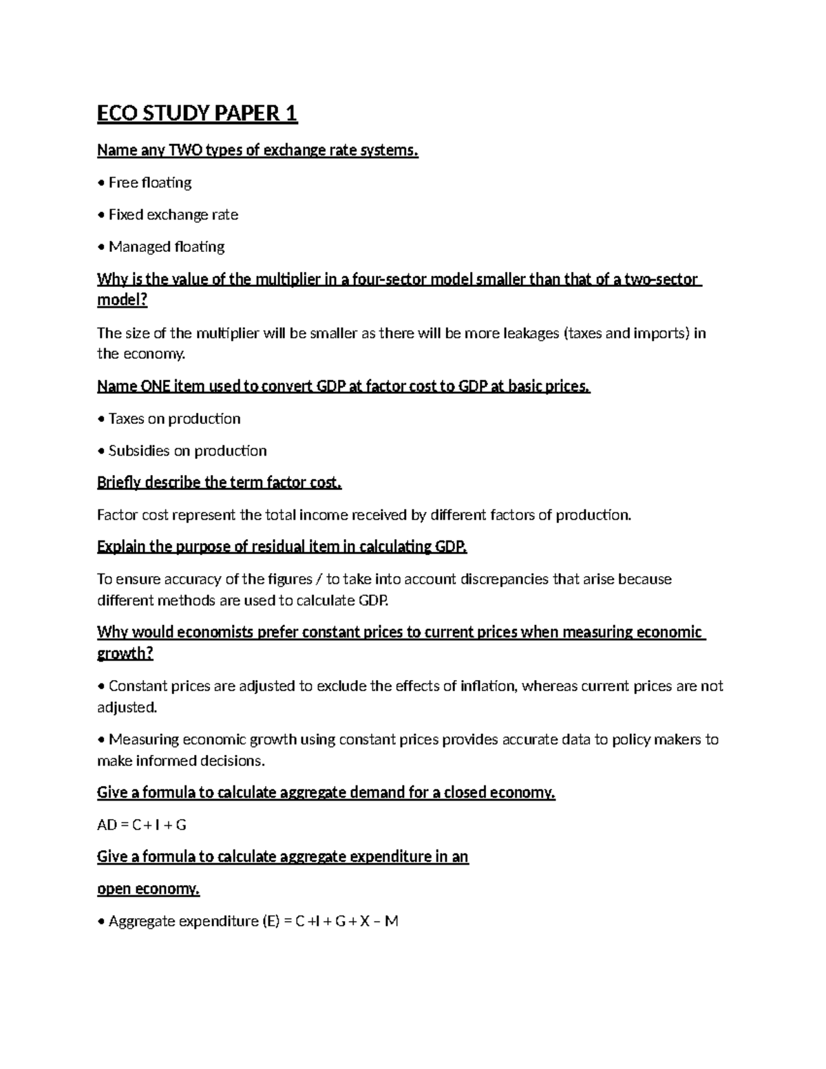 ECO Study Paper 1 - its questions with answers from other years put ...