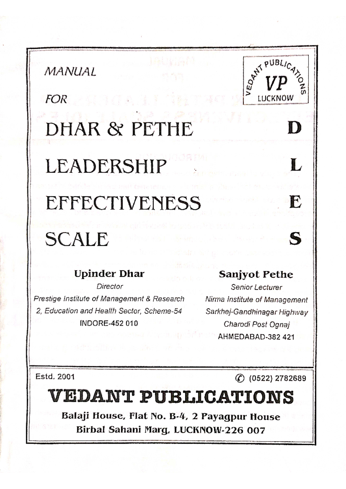Manual for leadership effectiveness scale - Applied Psychology - Studocu