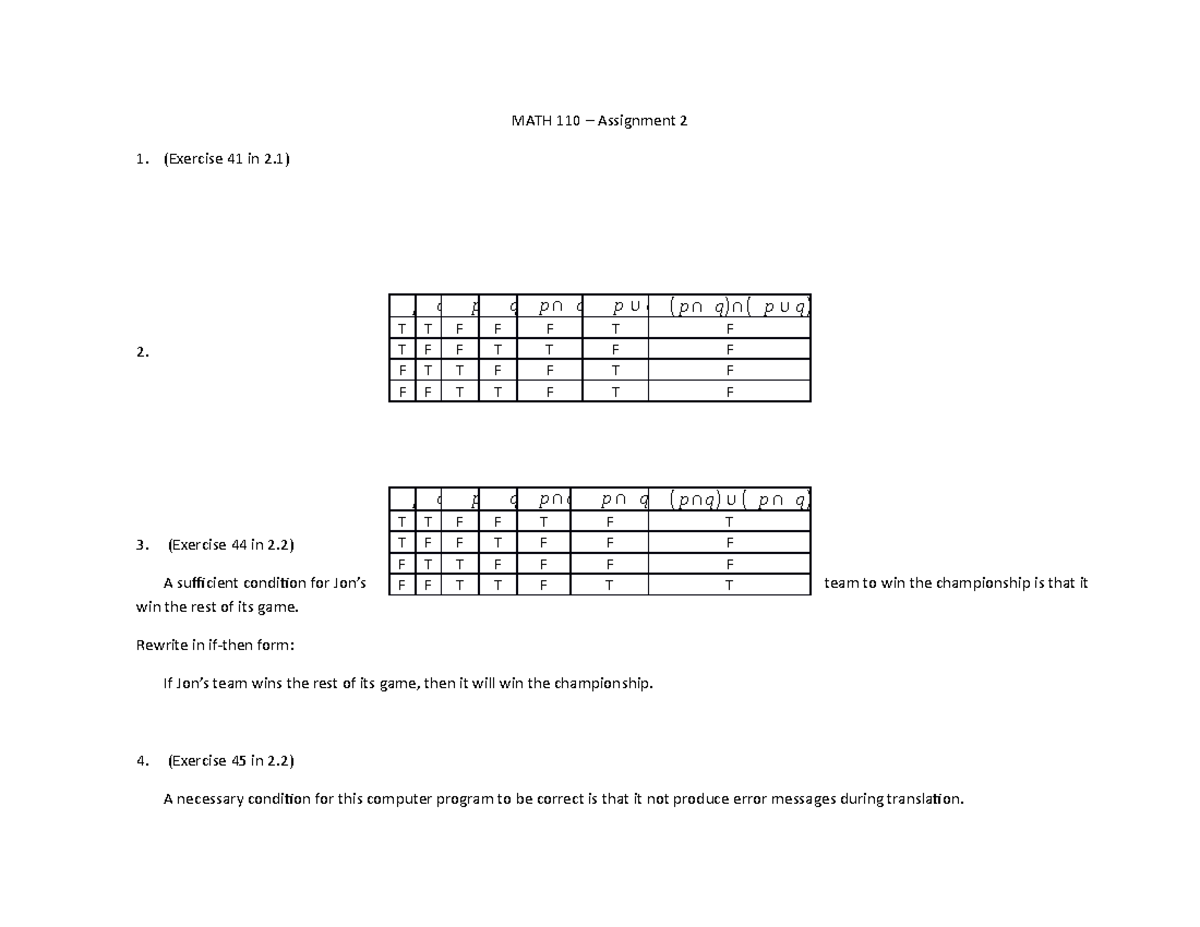 Assignment mth110 2 - MATH 110 – Assignment 2 (Exercise 41 in 2) 2. (Exercise 44 in 2) A ...