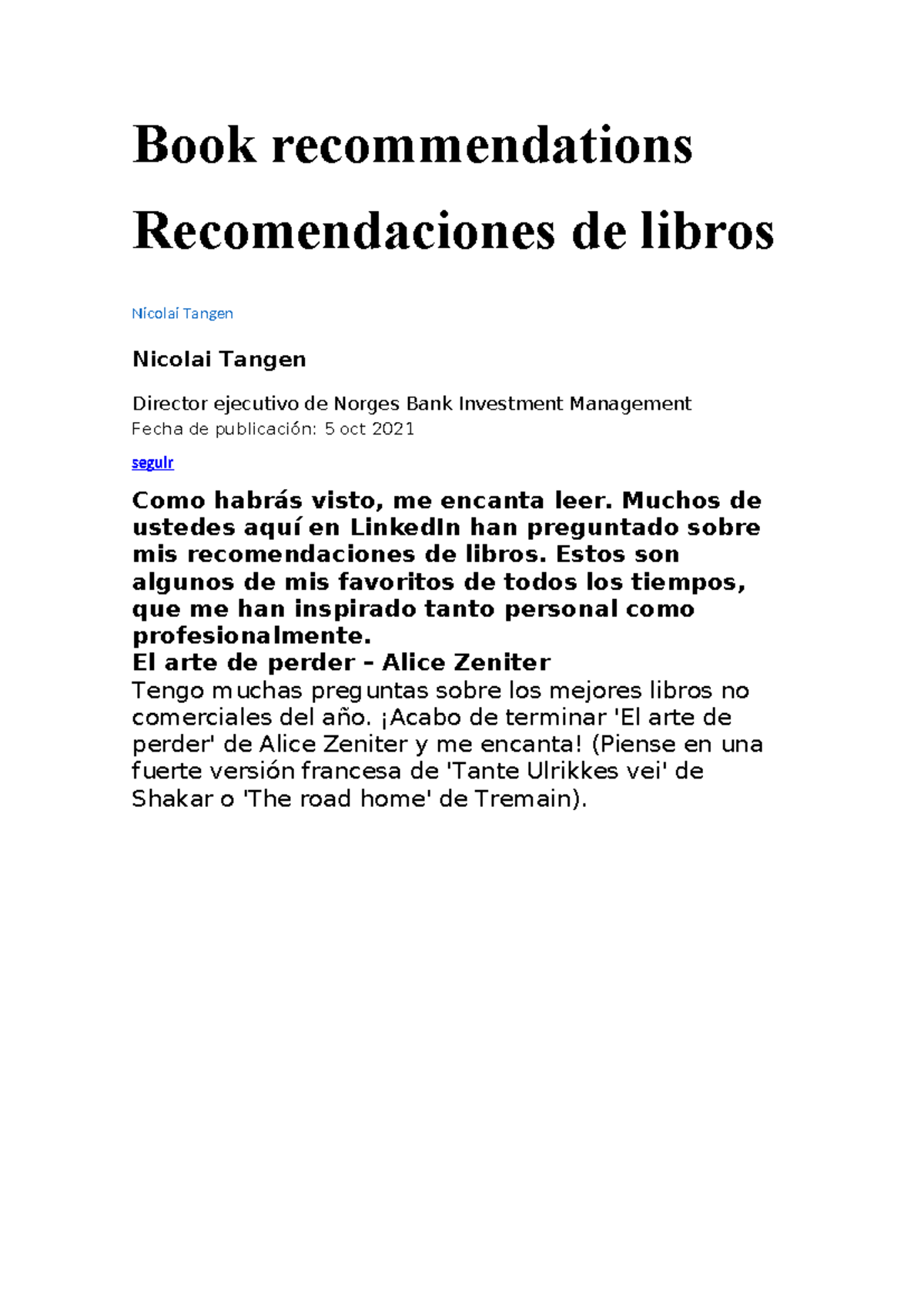 Book recommendations - Book recommendations Recomendaciones de libros Nicolai Tangen Nicolai ...
