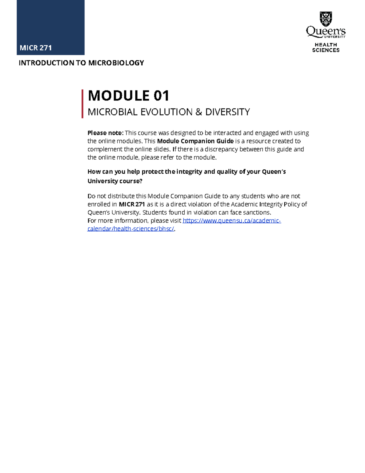 MICR271 M01 OL on Q Companion Guide - MODULE 01 MICROBIAL EVOLUTION & DIVERSITY Please note ...