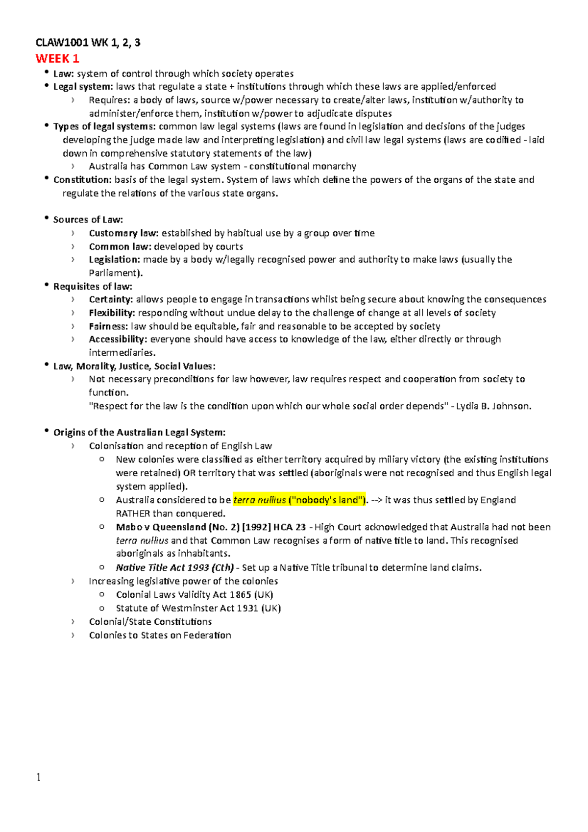 CLAW 1, 2, 3 - Lecture notes 1 - 3 - CLAW1001 WK 1, 2, 3 WEEK 1 Law ...