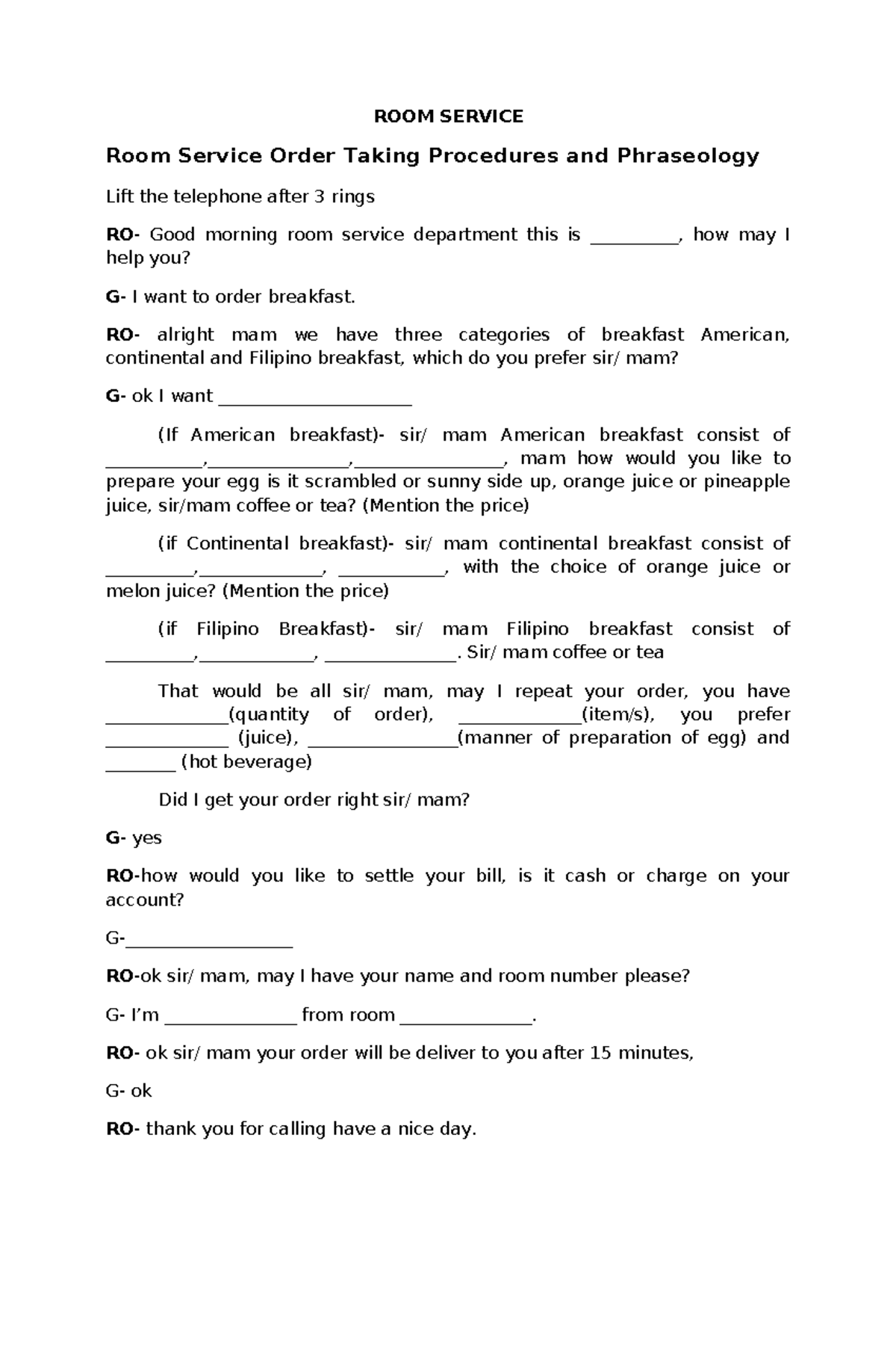 Room-service-1 - lear - ROOM SERVICE Room Service Order Taking ...