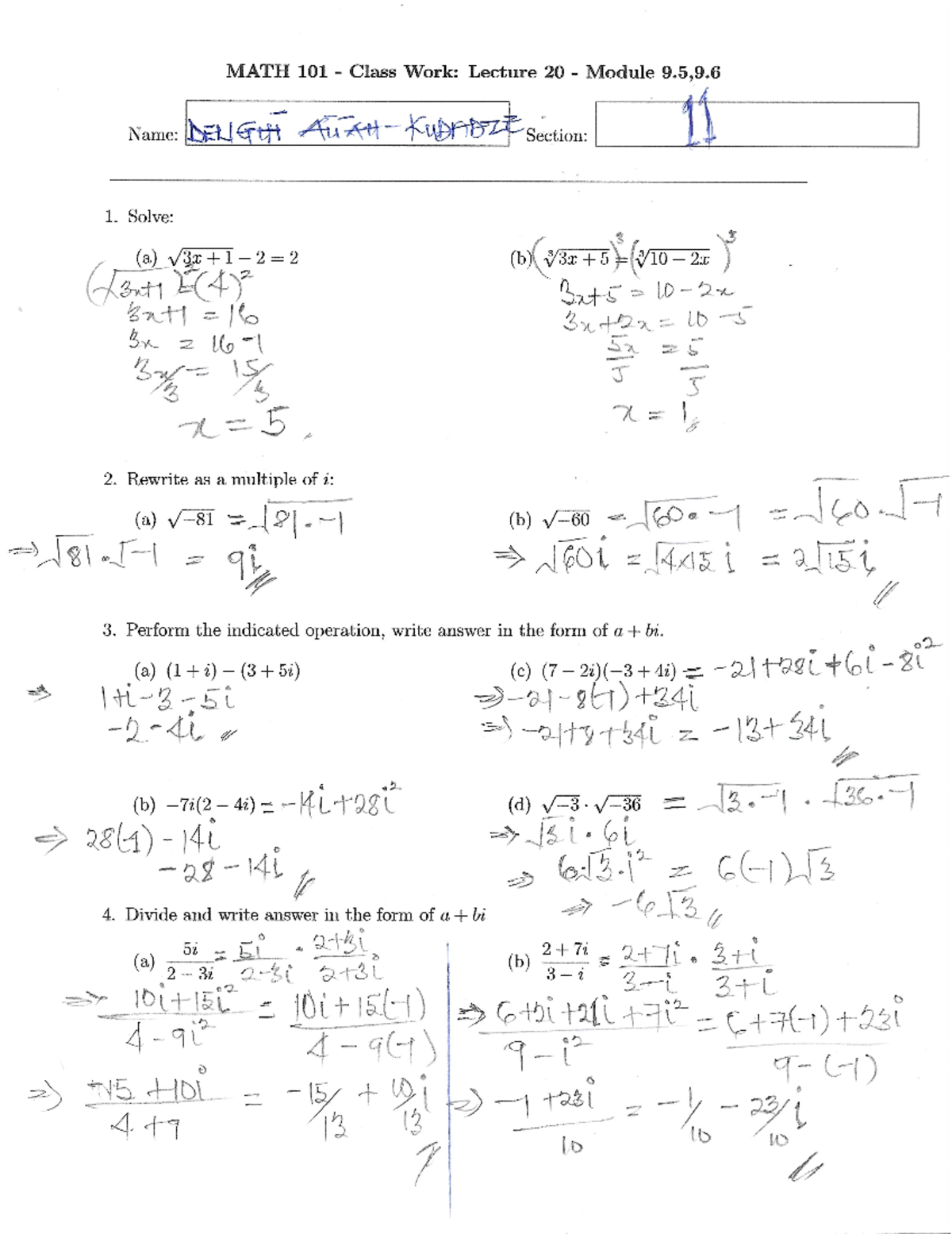 Classwork 20 - MATH 101 - Studocu