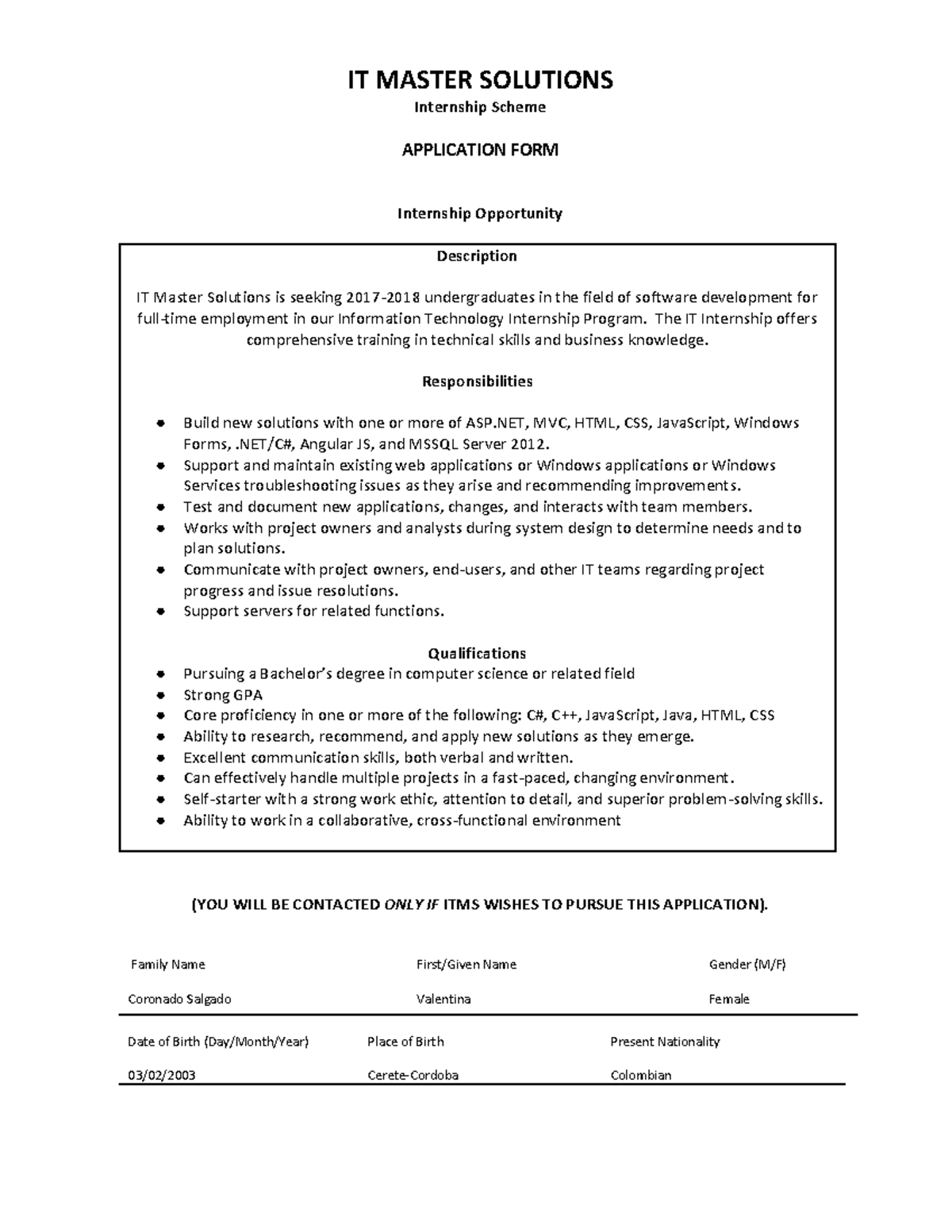 Formato-Internship application form 3 - IT MASTER SOLUTIONS Internship ...