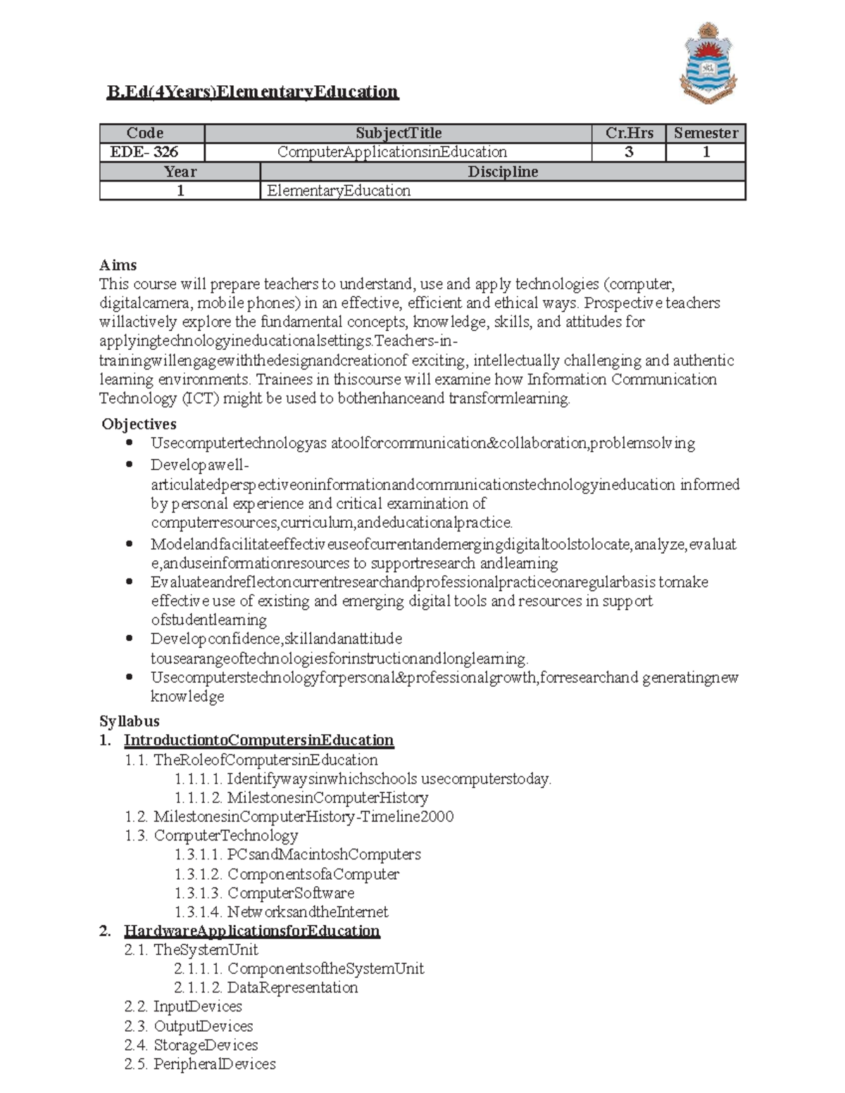 Computer content list - Outline - B(4Years)ElementaryEducation Code ...