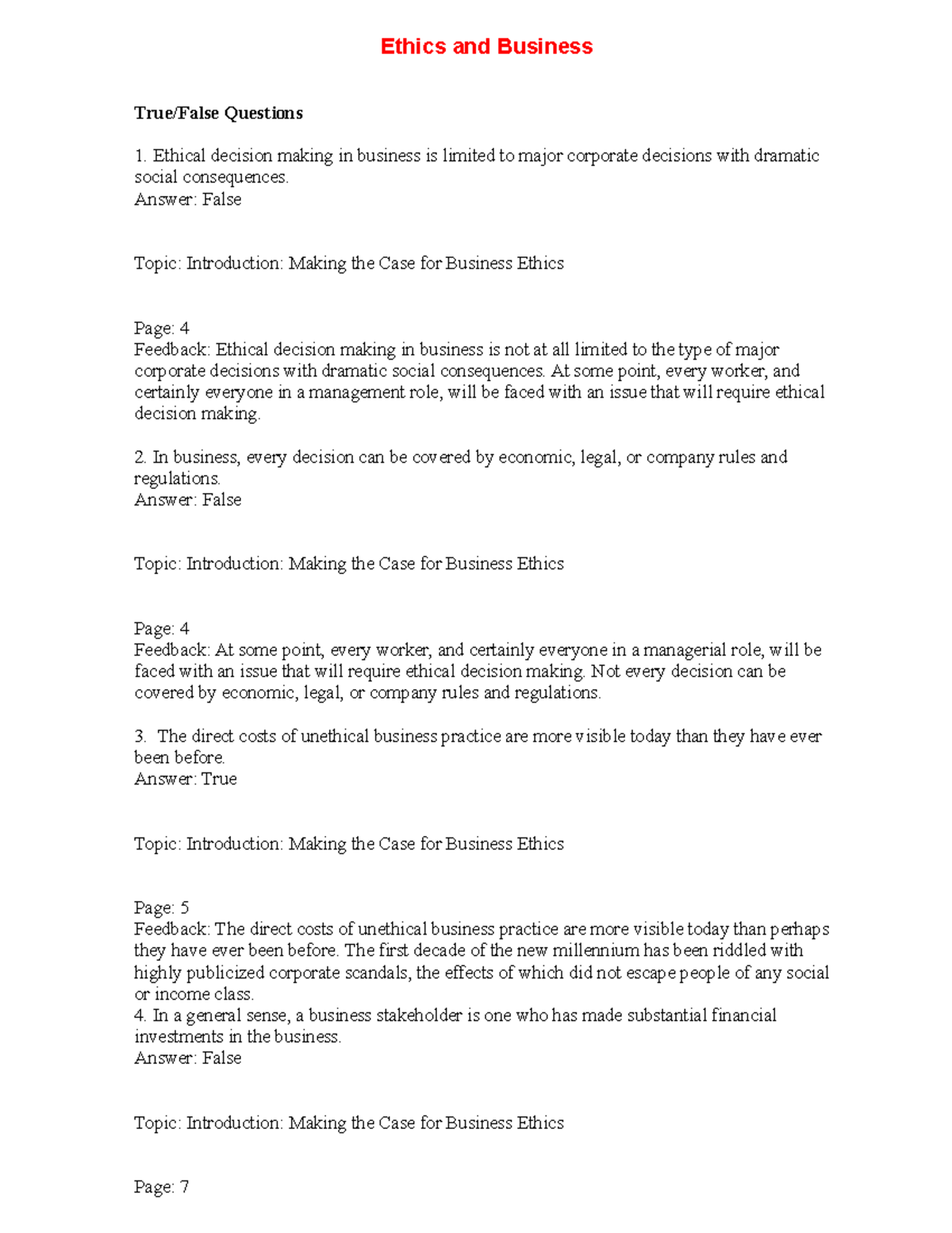 Ethics and Business - Philosophy - Ethics and Business True/False ...