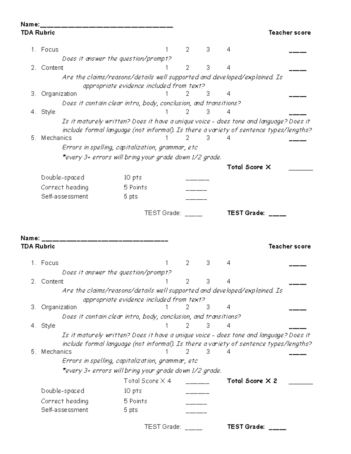 TDA Rubric 2022 - Honors English help with tdas - Name