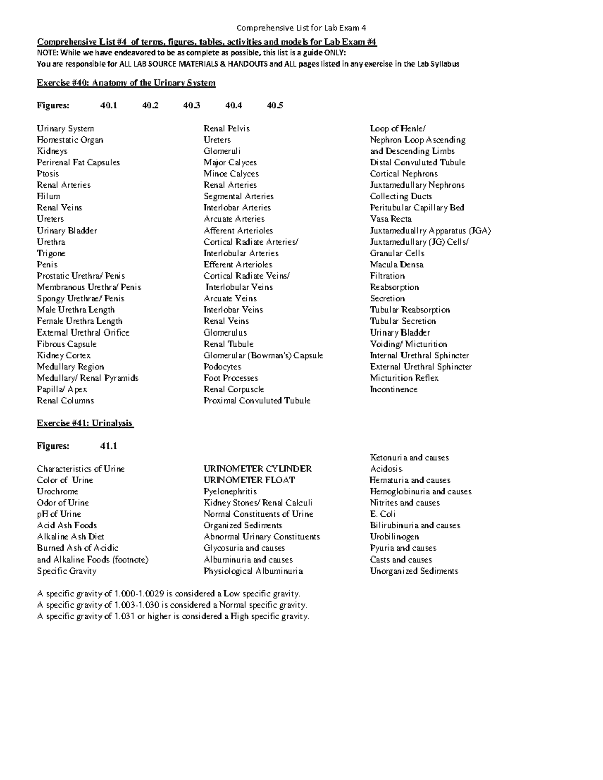 SP19 Comprehensive LIST FOR LAB EXAM #4-2 - Comprehensive List for Lab ...