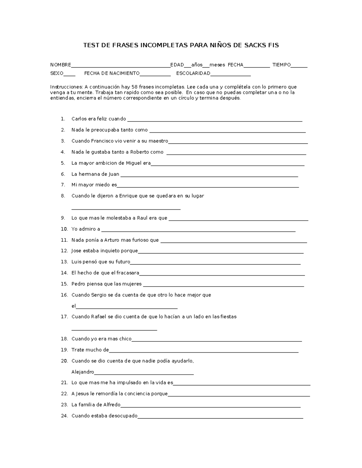 Frases Incompletas de Sacks para niños - TEST DE FRASES INCOMPLETAS ...