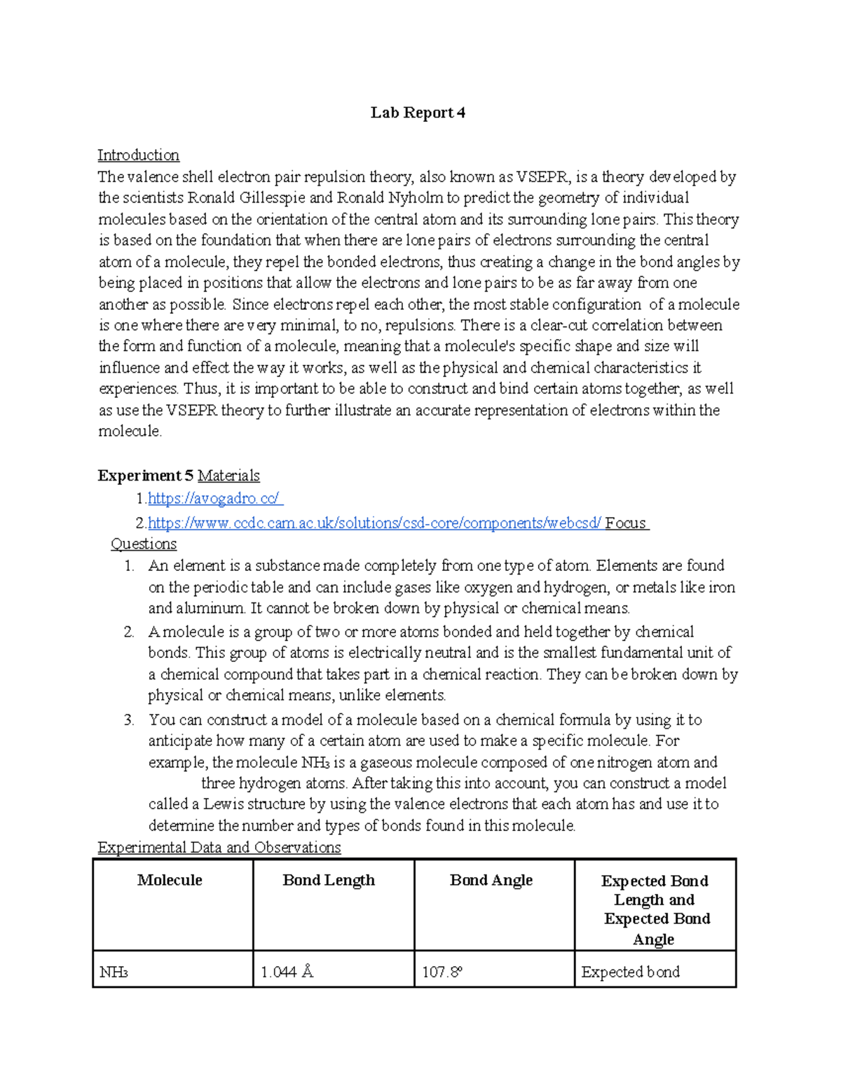 Lab report 4- Chem 106 - Lab Report 4 Introduction The valence shell ...