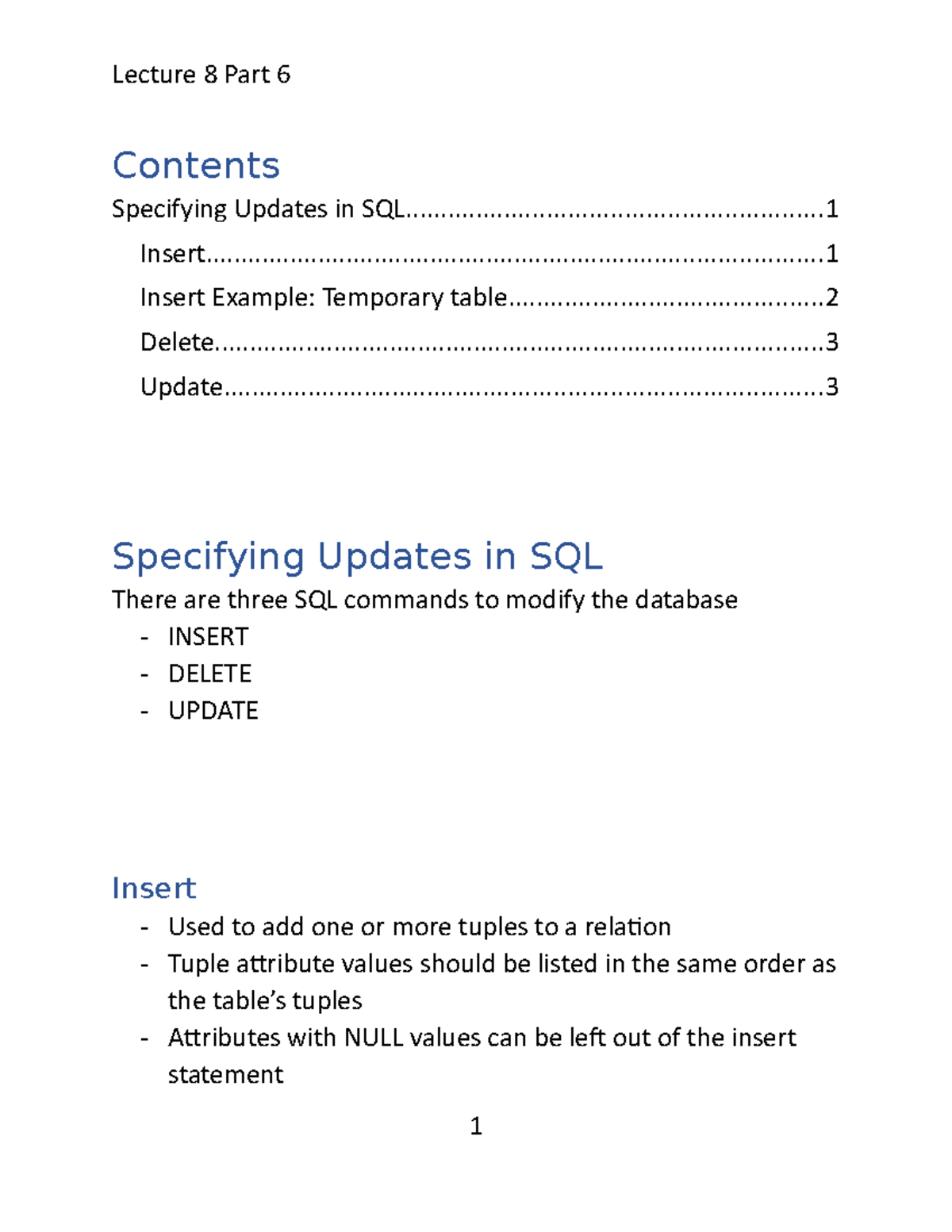 DB Lecture 8 Part 6 - Contents Specifying Updates in - Studocu