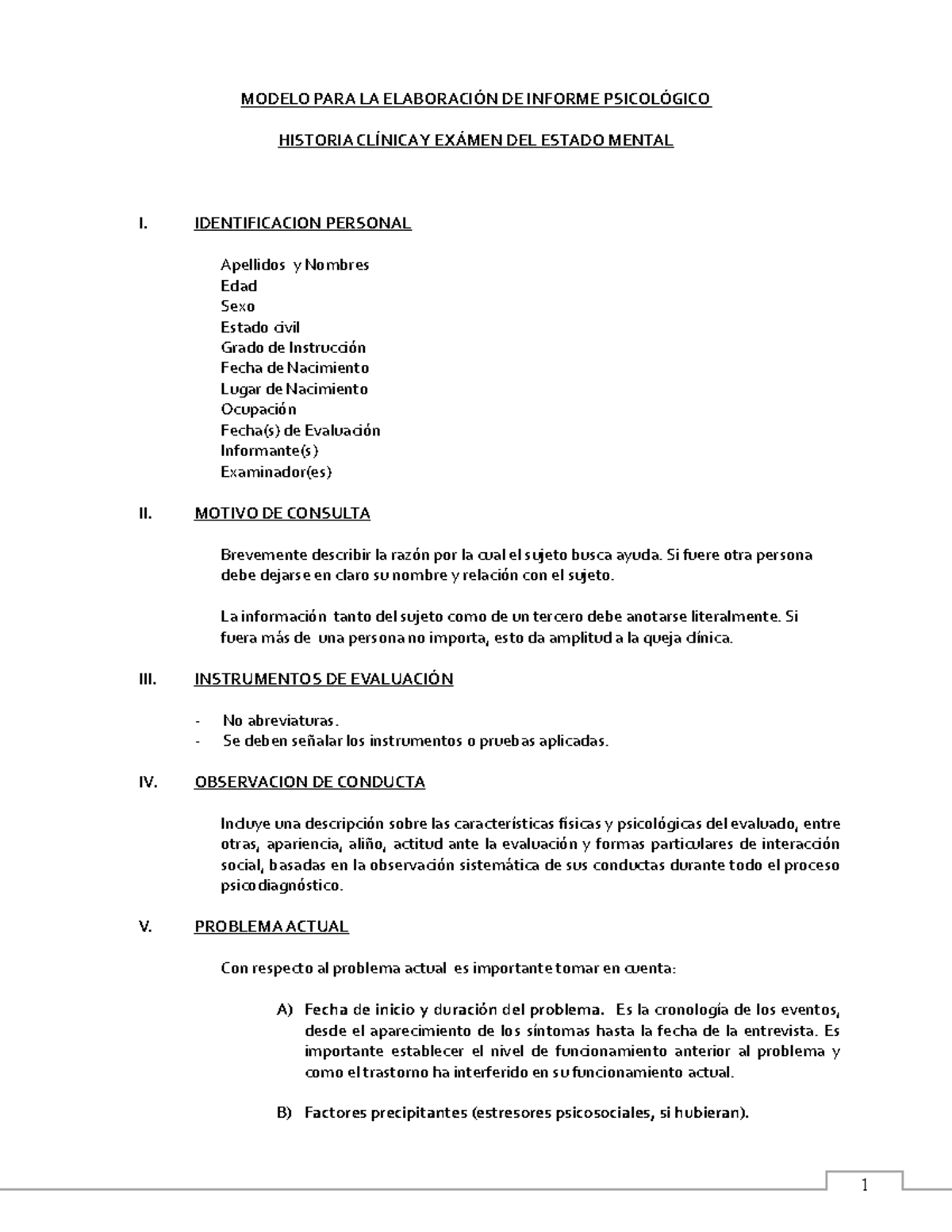 Modelo PARA Elaborar UN INF. PSIC - MODELO PARA LA ELABORACIÓN DE INFORME PSICOLÓGICO HISTORIA ...
