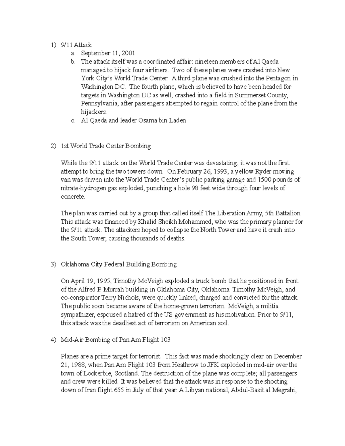 Terrorist Event Timeline - 9/11 Attack a. September 11, 2001 b. The ...