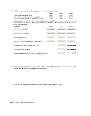 Experiment 5 Pre lab questions - Experiment 5 Prelaboratory Assignment Percent Water in a ...
