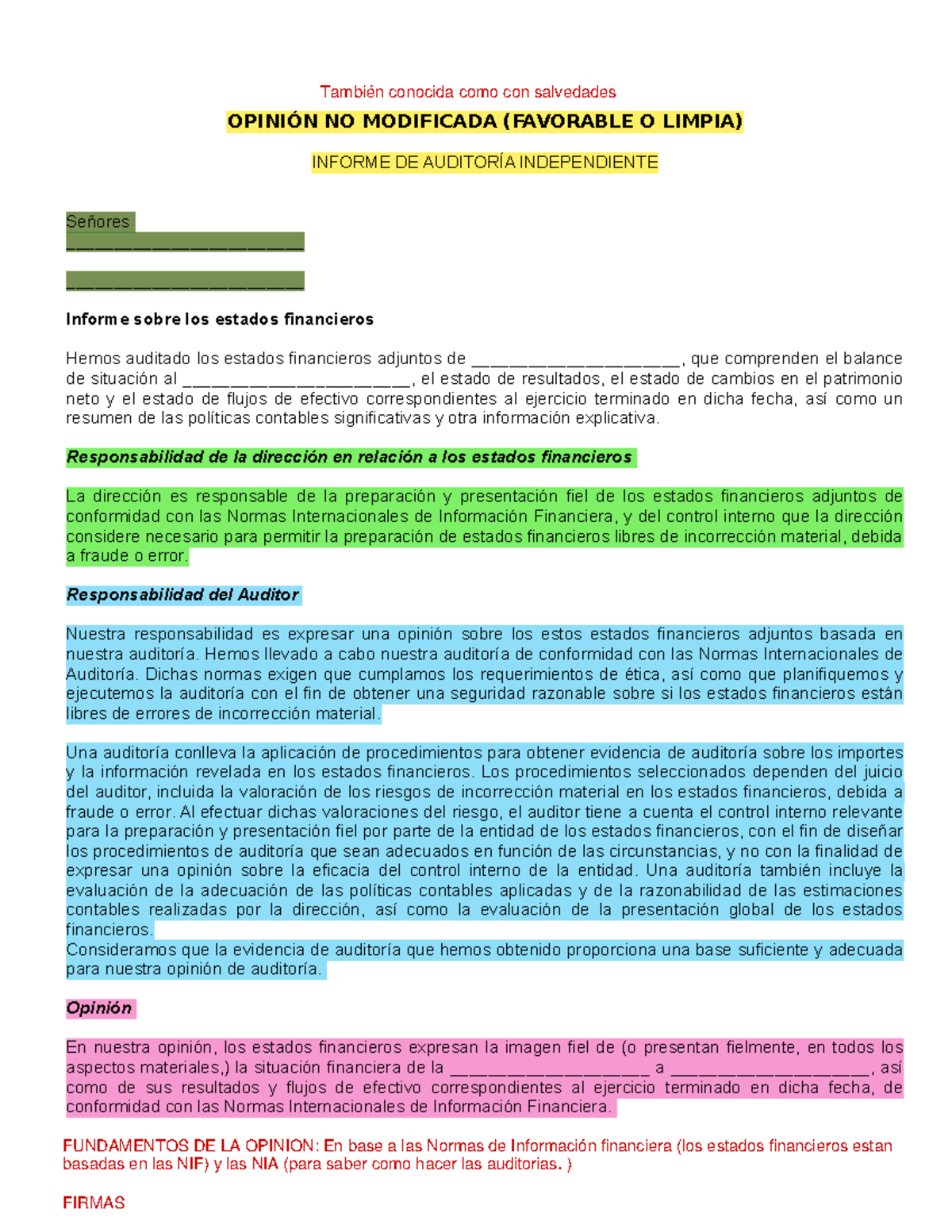 Formatos De Dictamen Auditoria Opinión No Modificada Favorable O