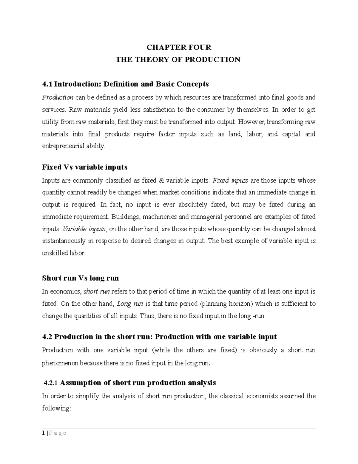 Chapter 4 - Lecture notes 1 - CHAPTER FOUR THE THEORY OF PRODUCTION 4 ...