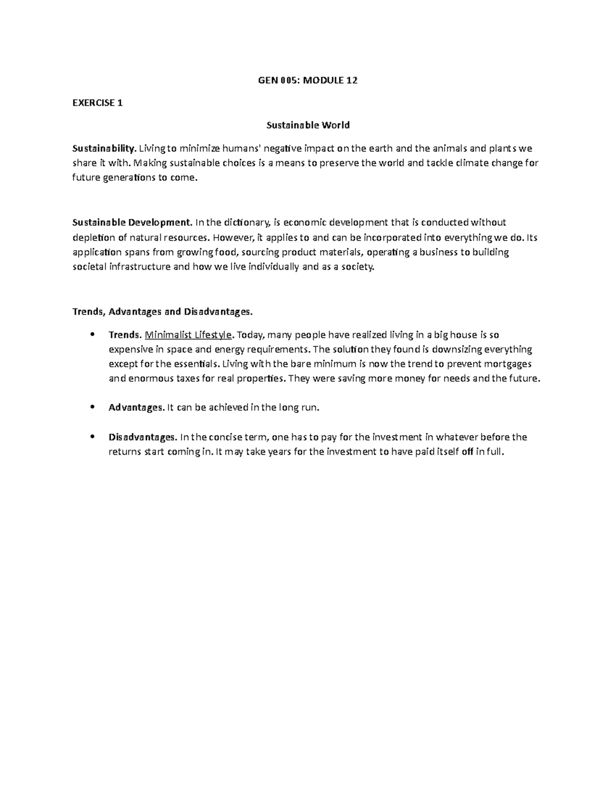 GEN 005 - Module 12 - GEN 005: MODULE 12 EXERCISE 1 Sustainable World Sustainability. Living to ...