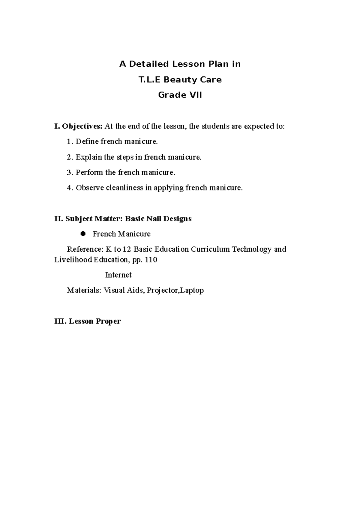 Detailed Lesson Plan Beauty Care - A Detailed Lesson Plan in T.L Beauty ...