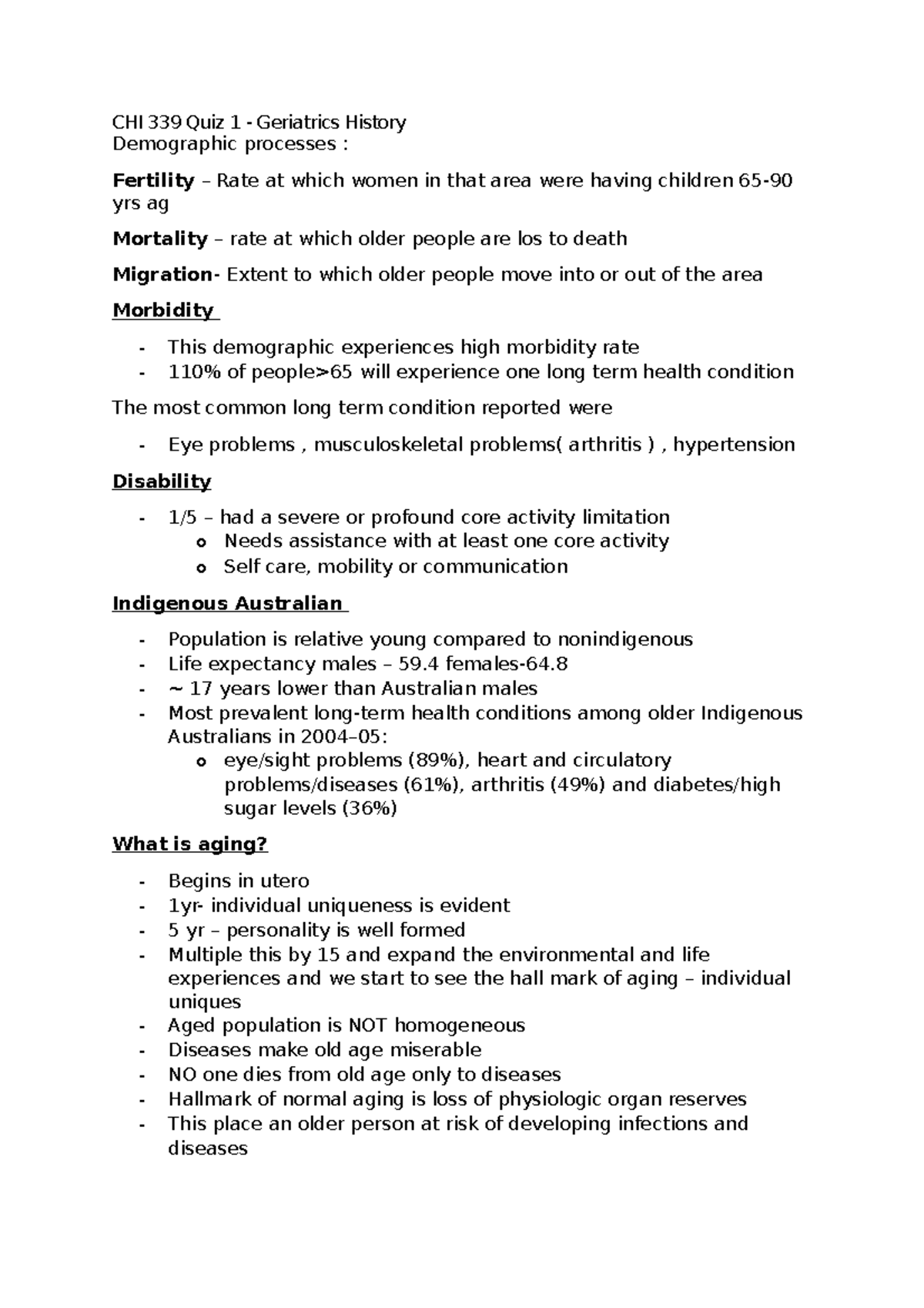 CHI 339 Quiz 1 Practice notes - CHI 339 Quiz 1 - Geriatrics History ...