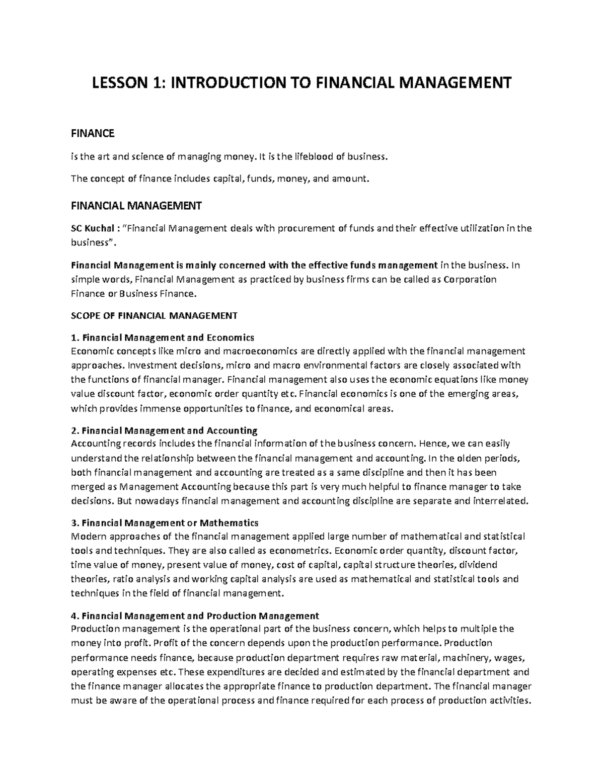 Finman 01 - LESSON 1: INTRODUCTION TO FINANCIAL MANAGEMENT FINANCE is ...