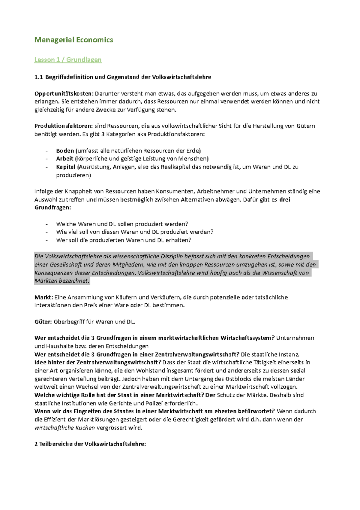Managerial Economics ZF - Managerial Economics Lesson 1 / Grundlagen 1 Begriffsdefinition und ...