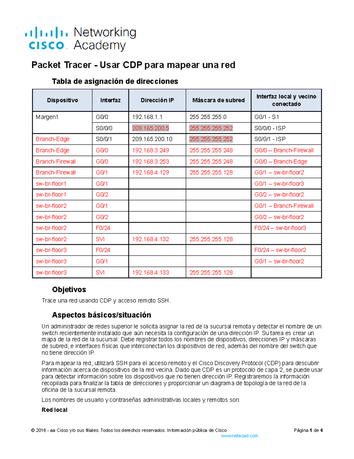 10.1.5 Packet Tracer - Use CDP to Map a Network - Tabla de asignación de direcciones Dispositivo ...