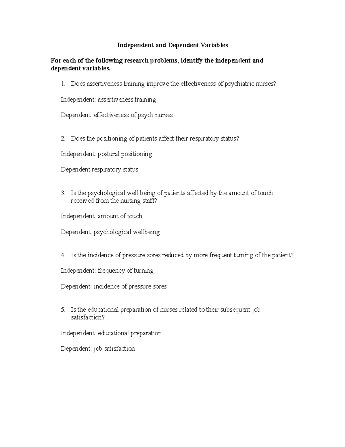 Ind. and dep. variables answers - Independent and Dependent Variables ...