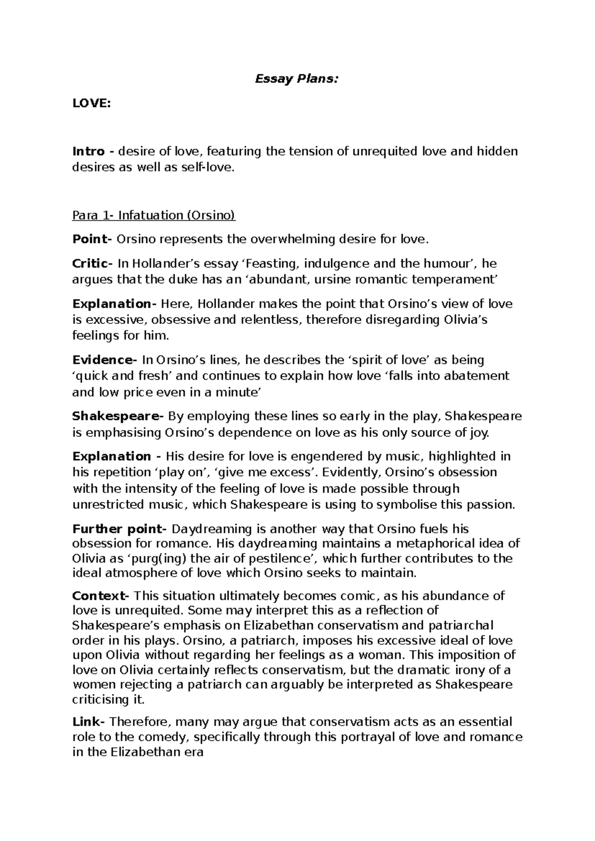 Essay plan TN love - Essay Plans: LOVE: Intro - desire of love ...