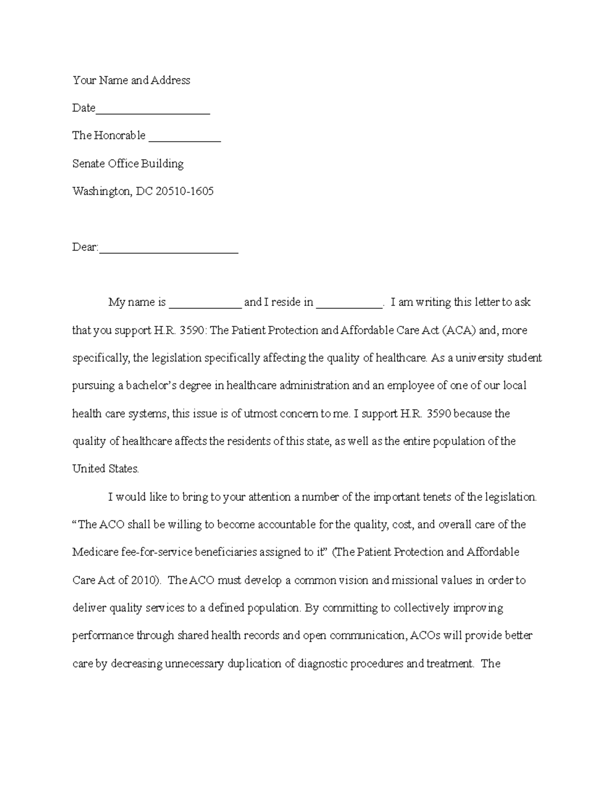 HCM 320 Milestone Three Sample Letter One - Your Name and Address Date