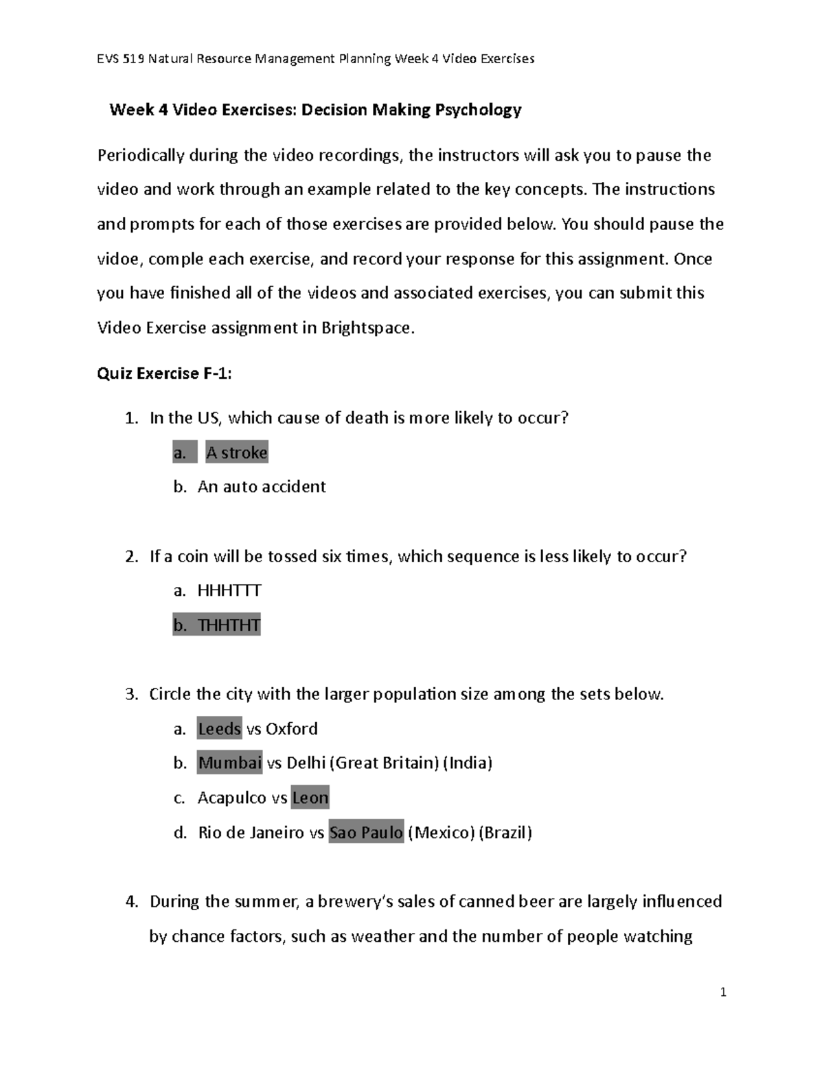 Assignment 4b - Week 4 Video Exercises: Decision Making Psychology ...