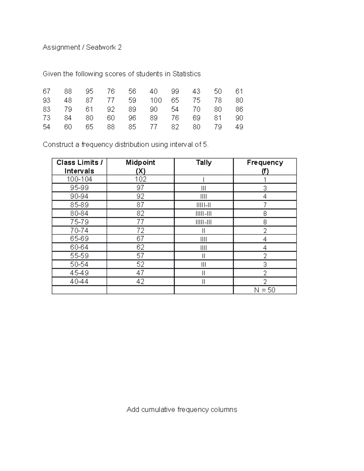 Seatwork 2 - Assignment / Seatwork 2 Given the following scores of ...
