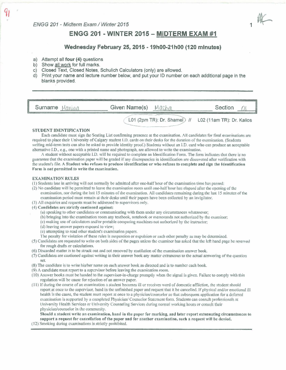 Exam 25 February 2015, questions and answers - Midterm 1&2 - ENGG ...