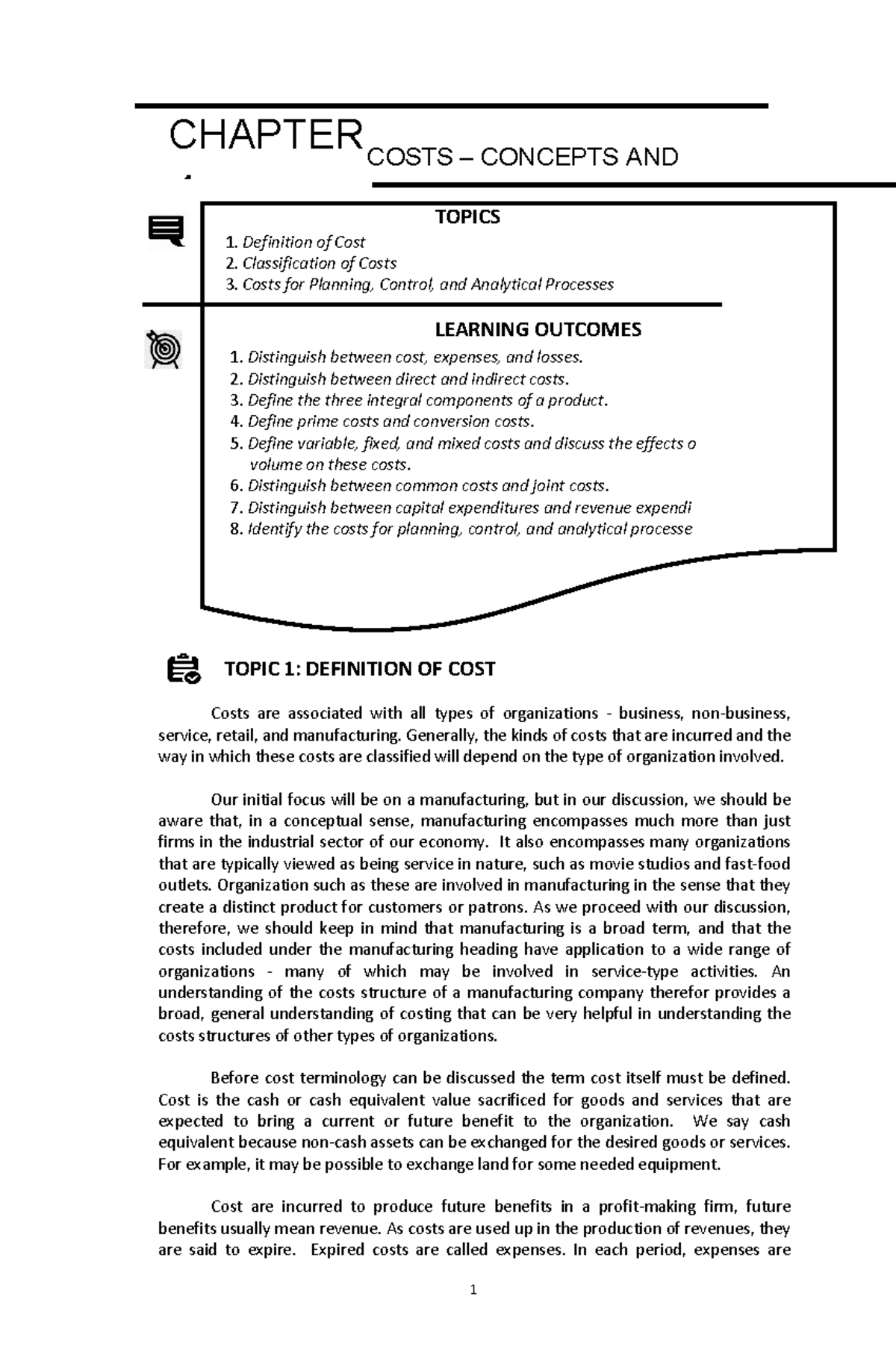 Chapter 1 Costing And Pricing TOPIC 1 DEFINITION OF COST Costs Are