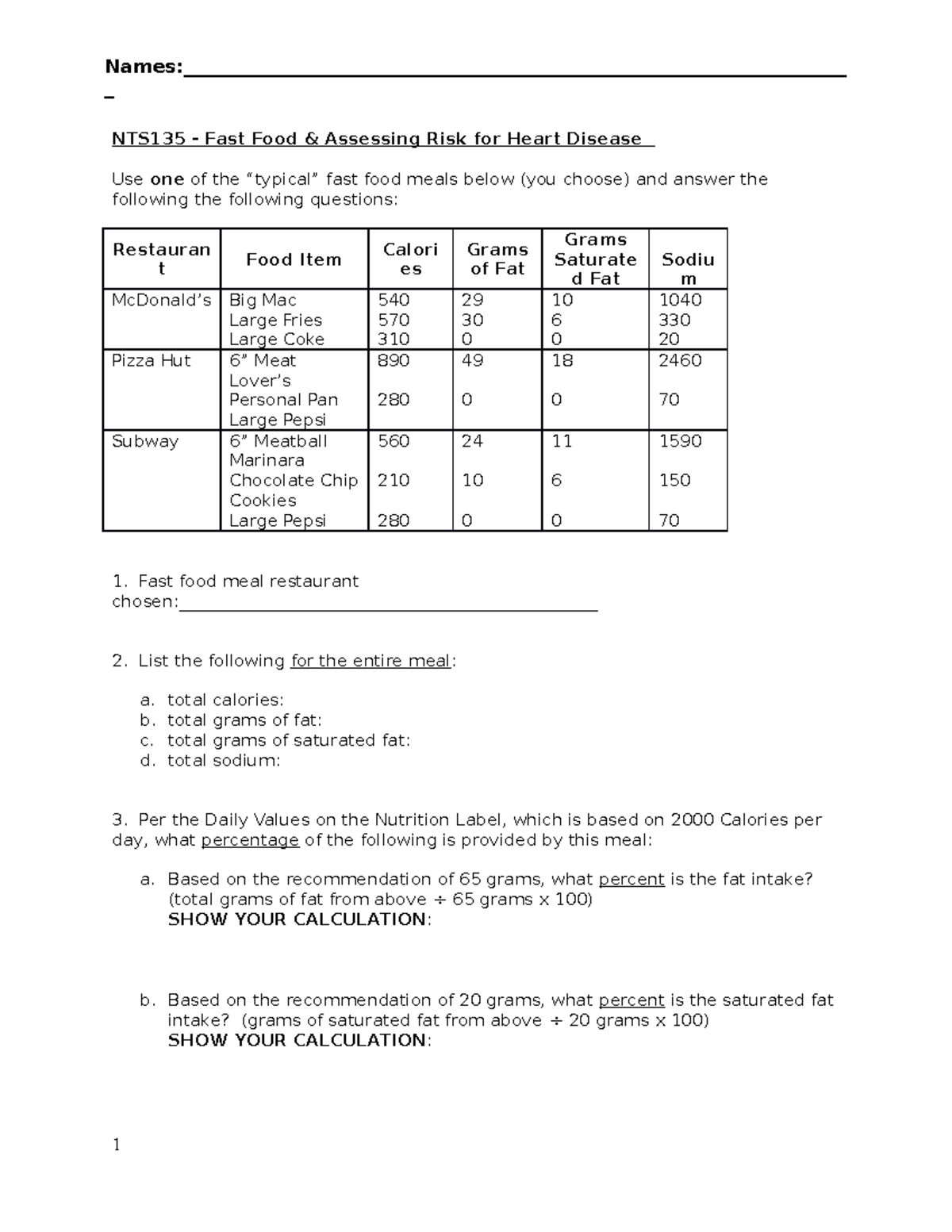 Fast Food Activity - directions - NTS135 - Fast Food & Assessing Risk ...