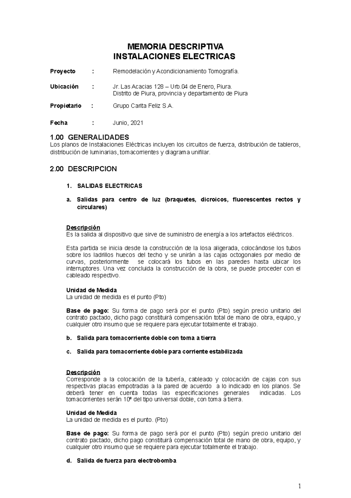 Memoria Descriptiva Electrica - MEMORIA DESCRIPTIVA INSTALACIONES ELECTRICAS Proyecto ...