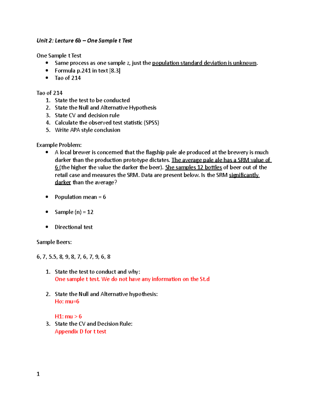 Lecture 6b One Sample T Test Unit 2 Lecture 6b One Sample T Test