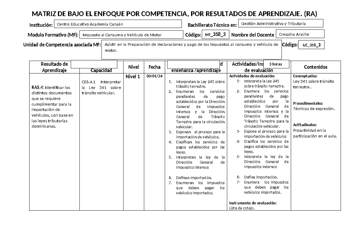 Matriz de Planificacion (Crespina Arache - MATRIZ DE BAJO EL ENFOQUE POR COMPETENCIA, POR ...