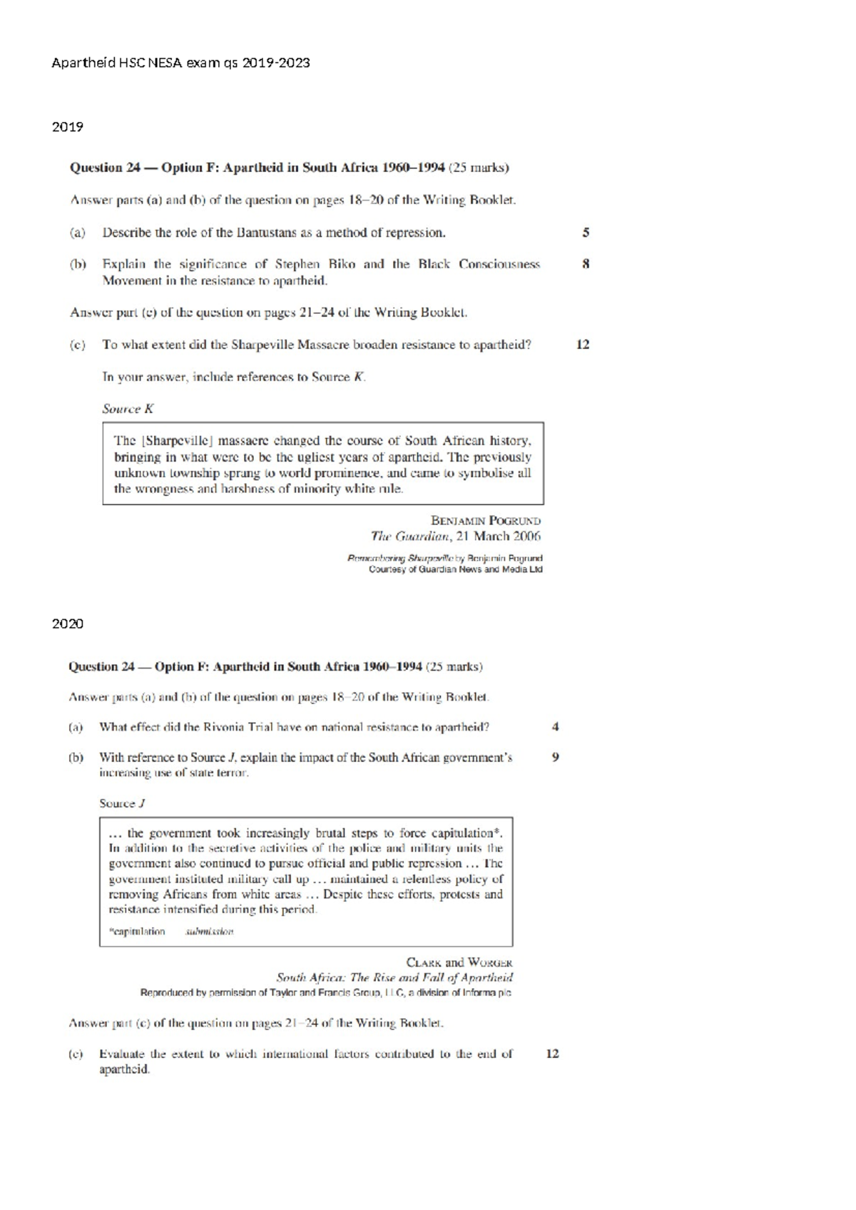 Apartheid HSC NESA exam qs 2019 onwards - Apartheid HSC NESA exam qs 2019- - Studocu