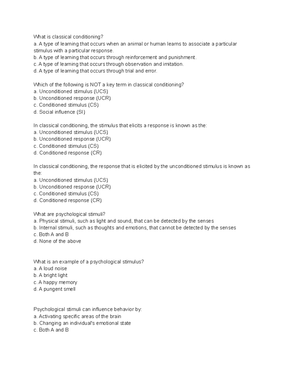 Classical conditioning quiz - What is classical conditioning? a. A type ...