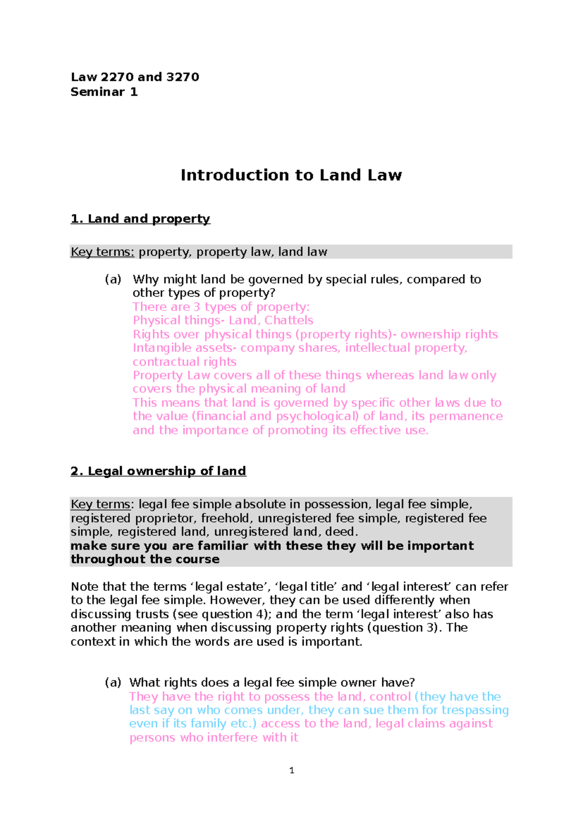 Land Law - Seminar 1 - Law 2270 and 3270 Seminar 1 Introduction to Land ...