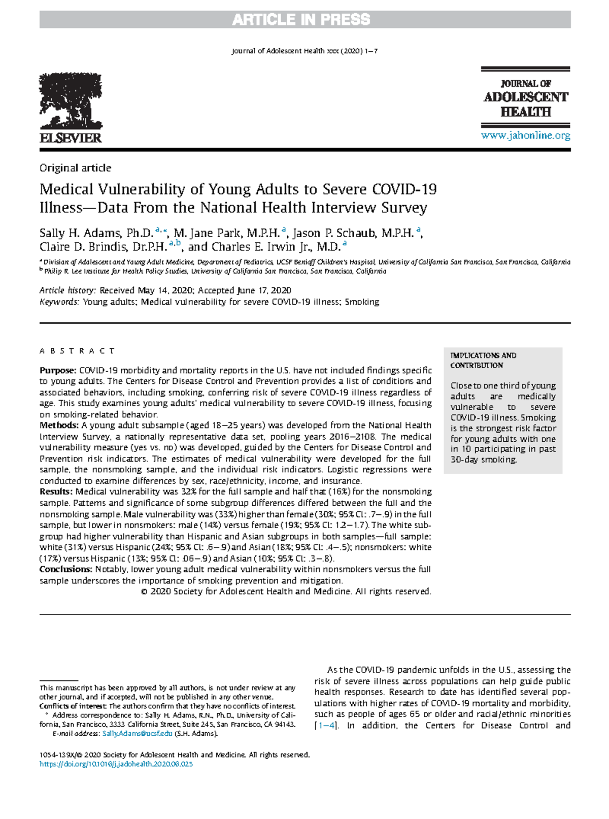 Adams - Medical Vulnerability of Young Adults to Severe Covid-19Illness ...