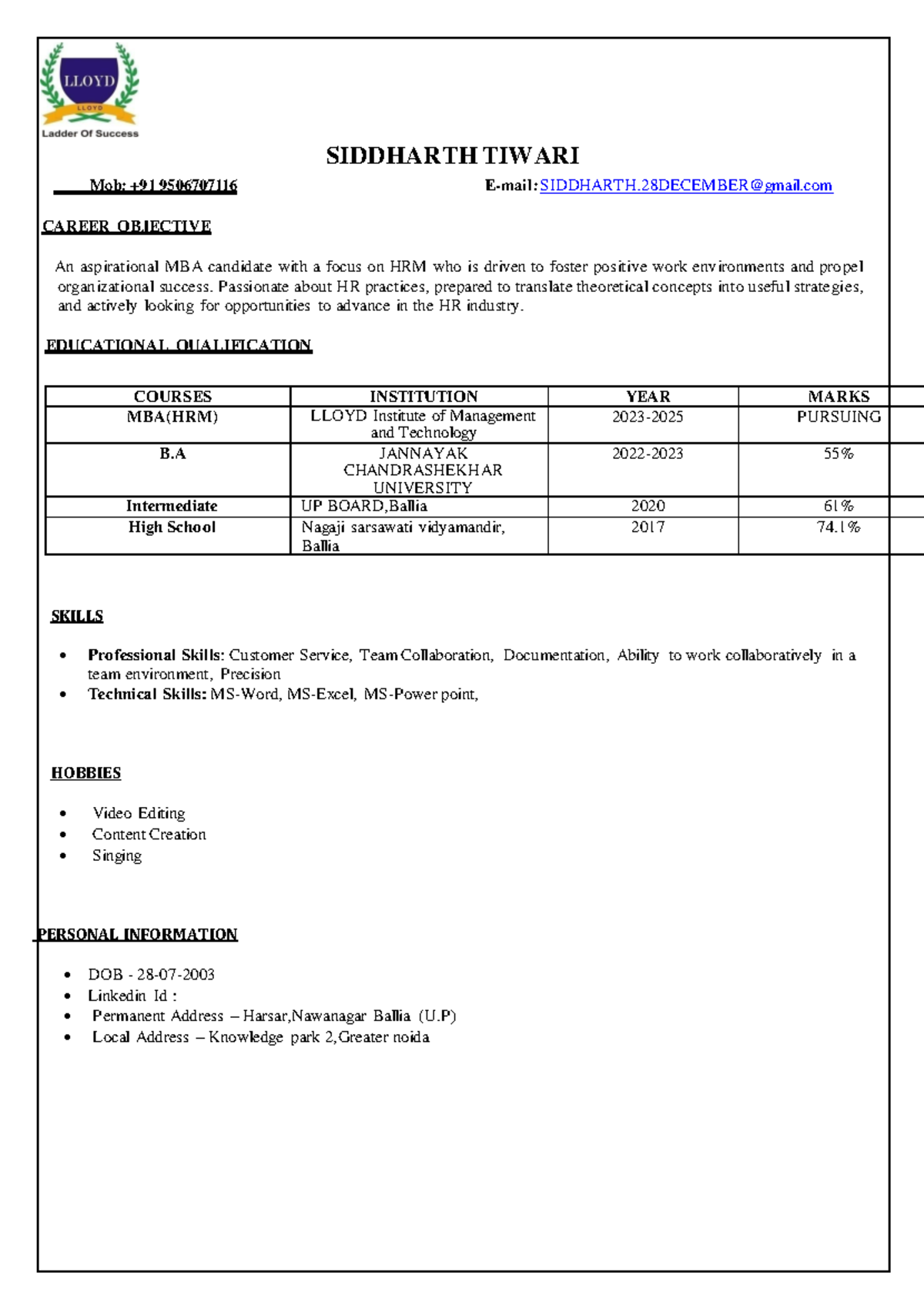 Siddhart tiwari lloyd - Summary Masters of Business Administration - SIDDHARTH TIWARI Mob: +91 ...