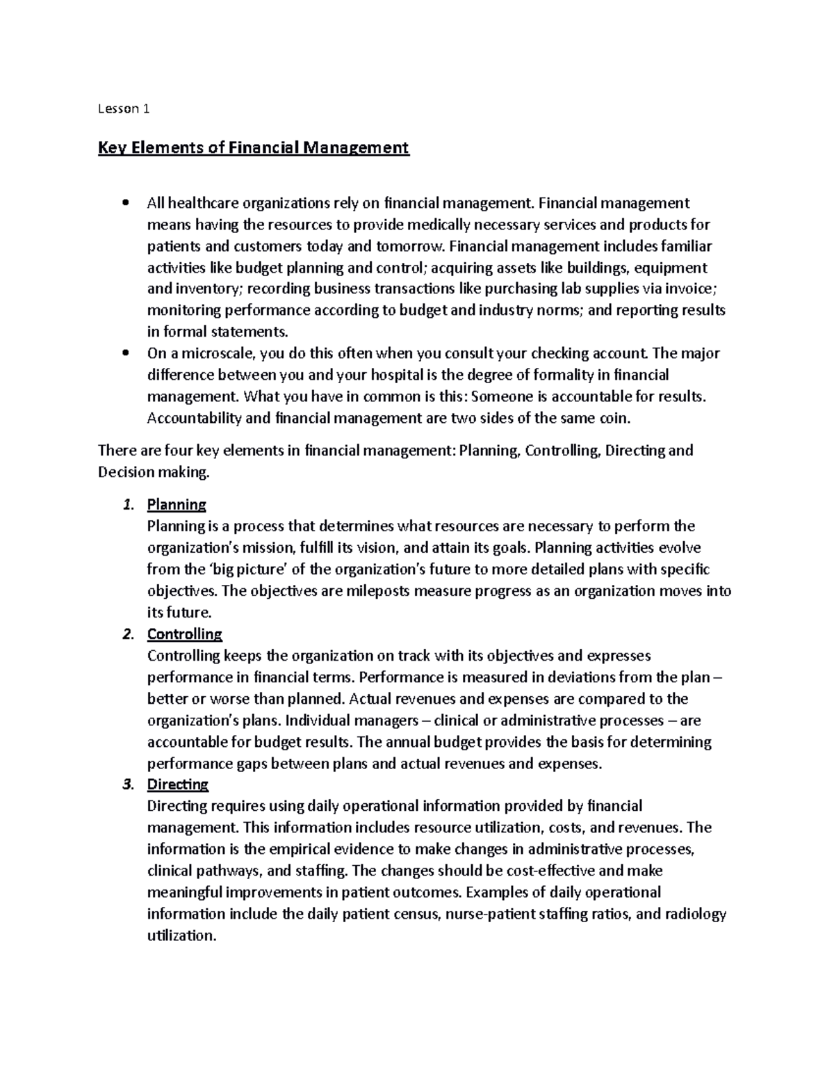 HPA 211 Lesson 1 Lesson 1 Key Elements Of Financial Management All hpa-211-lesson-1-lesson-1-key-elements-of-financial-management-all